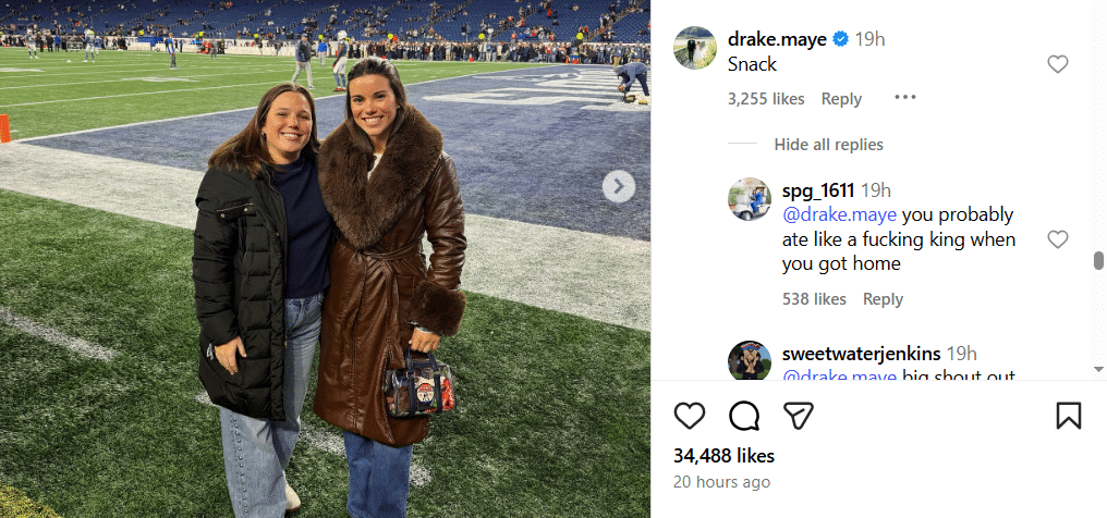 Drake Maye Shares Romantic Sideline Kiss With Wife After Patriots Beat ...