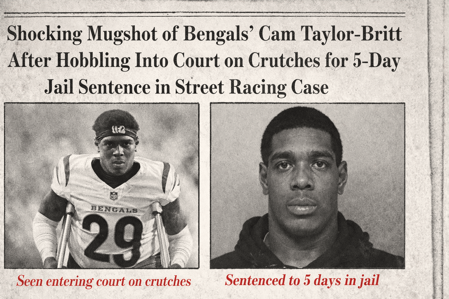Shocking Mugshot Of Bengals' Cam Taylor-Britt After Hobbling Into Court ...